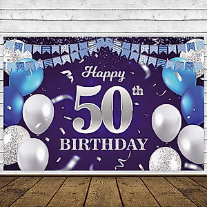 Happy 50th Birthday Banner Backdrop Navy Blue Balloons Confetti Stripe Flag Light Spots Cheers to 50 Years Old Theme Decorations Decor for Women Men 50th Birthday Party Bday Supplies Glitter Silver