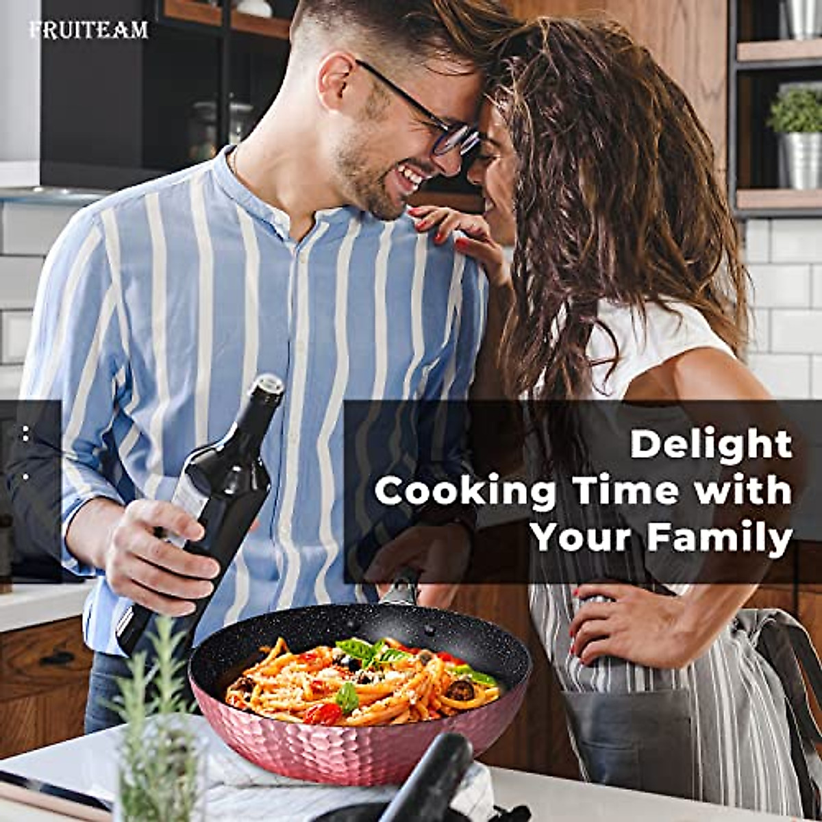 FRUITEAM Hammered Cookware 16-Piece Home Kitchen Ware Pots Pan Set with Non-stick Coating, Aluminum Induction Cooking Pots, Includes Fry Pans, Saucepans, Stock Pots, Rose