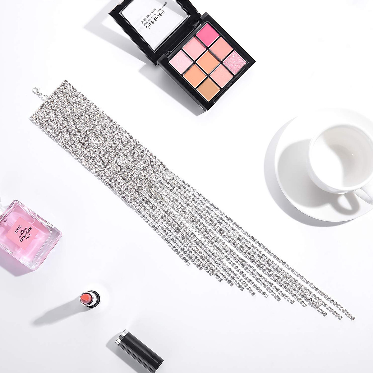 JolieHome Fashion Sparkling Rhinestone Cuff Bracelet for Women Girls, Silver Crystal Strand Mulitlayer Prom Wrap Bracelet with Fringe for Party Wedding Dating