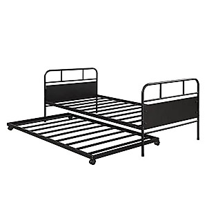 Epinki Metal Daybed Platform Bed Frame with Trundle Built-in Casters, Twin Size, Black, Easy Assembly