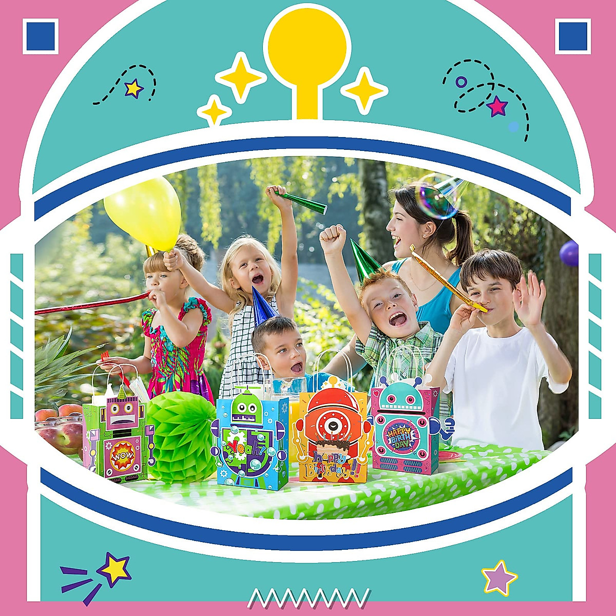 24 Pcs Robot Party Supplies Candy Gift Bags, Robot Goodie Gift Treat Bags, Kids Candy Treat Bags with Handle for Robot Themed Birthday Party Decorations Supplies