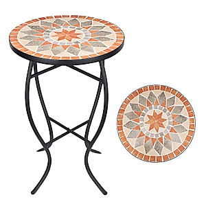 VCUTEKA Mosaic Side Table, 21" Round End Table with 14" Ceramic Tile Top, Patio Accent Table Indoor and Outdoor End Table for Yard, Garden, Living Room, Bistro Balcony or Lawn Golden Sun