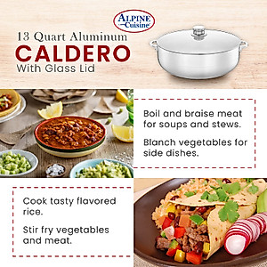 Alpine Cuisine 13-Quart Aluminum Caldero Stock Pot with Glass Lid, Cooking Dutch Oven Performance for Even Heat Distribution, Perfect for Serving Large & Small Groups, Riveted Handles Commercial Grade