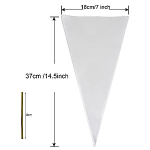 COOLAKE Clear Cone Bags 100PCS Cellophane Triangle Clear Treat Bags with Gold Twist Ties for Christmas Candy Popcorn Handmade Cookies Sweets Crafts 14.5” by 7”