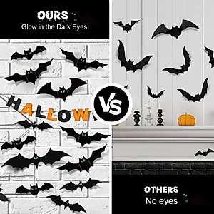Bats Halloween Decorations Indoor, 110 Pcs Halloween Bats with Glow in The Dark Eyes, 3D Bats for Halloween Wall Decor, 5 Styles, 136 Pcs of Double-Sided Tape Included