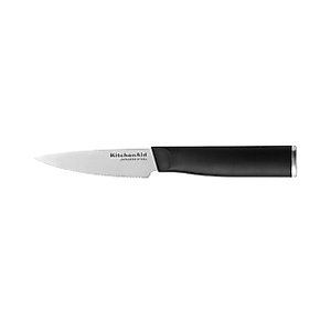KitchenAid Classic Serrated Paring Knife with Custom-Fit Blade Cover, 3.5-inch, Sharp Kitchen Knife, High-Carbon Japanese Stainless Steel Blade, Black