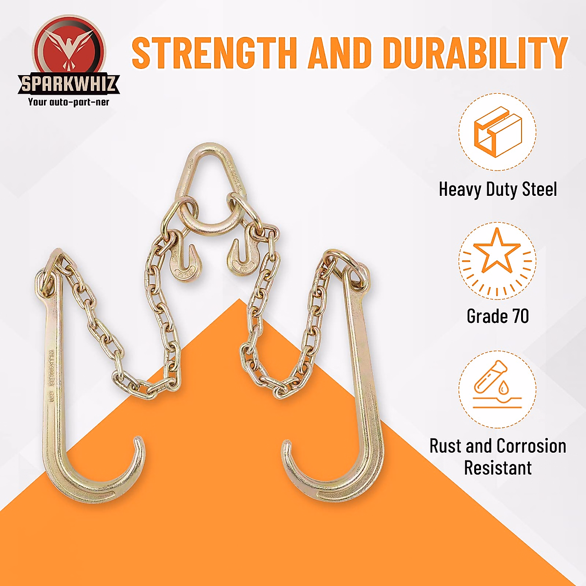 SPARKWHIZ G70 J Hook Tow Chain V Bridle with 15" J Hooks, 5/16'' Grab Hooks, 2ft Legs, Flatbed Truck Safety Chains 5,400 lbs