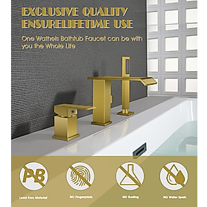 Modern Roman Tub Faucet with Hand Shower, Deck Mount Tub Filler Bathtub Faucet with Sprayer, Single Handle Bathtub Faucet Set, Widespread 3 Hole Bathtub Faucet (Brushed gold-Wide Spout)