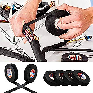 HSTECH 5 Rolls Wire Loom Harness Cloth Tape, Speaker Wiring Harness Cloth Tape, Black Adhesive Fabric Tape, for Automobile Electrical Wire harnessing Noise Dampening Heat Proof （15mm X 15m）