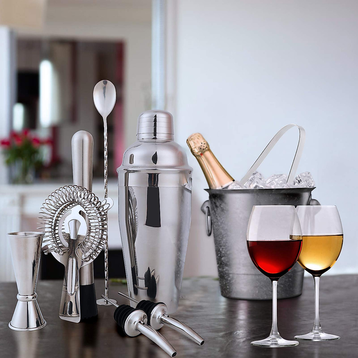 8 Piece Cocktail Shaker Set, Bartending Kit - 24 Ounce Cocktail Shaker, Spoon, Ice Tong, Muddler, Jigger, Strainer, Pourers