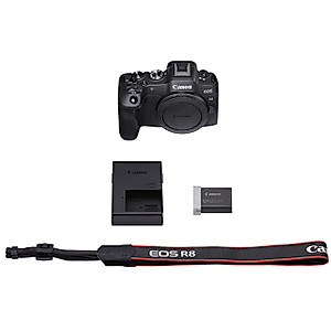Canon EOS R8 Mirrorless Camera Body + 128GB Pro Speed Memory + EF-RF Lens Adapter + Led Video Light + DME 100 Microphone +Case + Tripod + Software Pack-Video Bundle