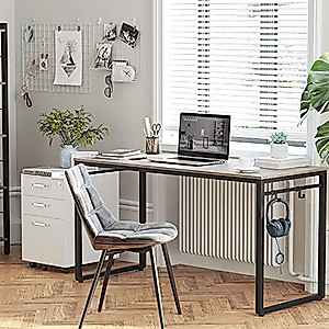 VASAGLE ALINRU Computer Desk, 55-Inch Writing Desk, Office Desk with 8 Hooks, for Study, Home Office, Easy Assembly, Steel Frame, Industrial Design, Greige and Black ULWD059B02