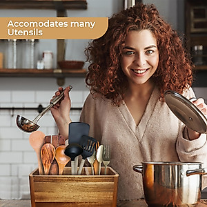 Dstuff Large Kitchen Utensil Holder Organizer for Counter or Countertop, Large Wooden Utensil Holder for Storage Cooking and Silverware with 3 Compartment, Acacia Rustic Wood Container Extra Large