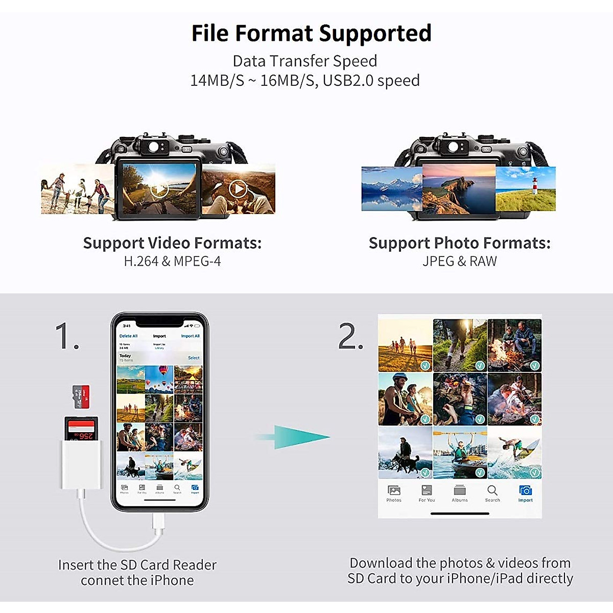 SD Card Reader for iPhone iPad, Apple MFi Certified iPhone SD/Micro SD Card Reader Adapter Cable with Dual Slots for SLR Cameras, Trail Game Camera Viewer, Memory Card Reader for iPhone, Plug and Play