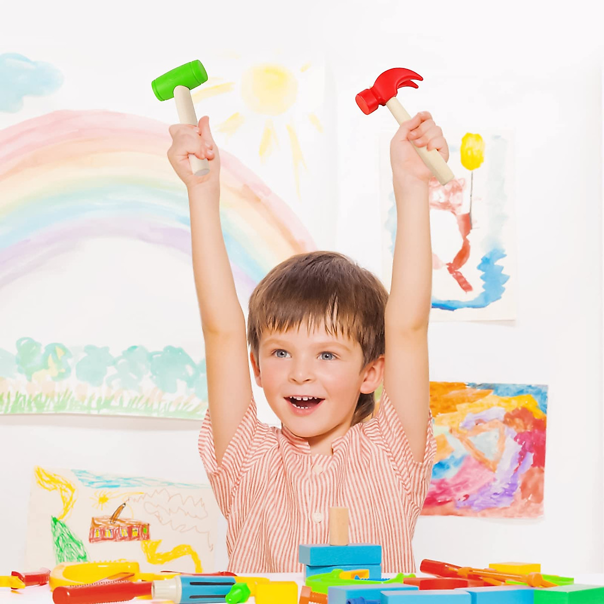 Waenerec 2pcs Toy Hammer Simulation Wooden Hammers Small Plastic Toddler Claw Hammer Portable Kids Maintenance Tools Toys Pretend Play Fake Mallet Hammer for Boys Girls