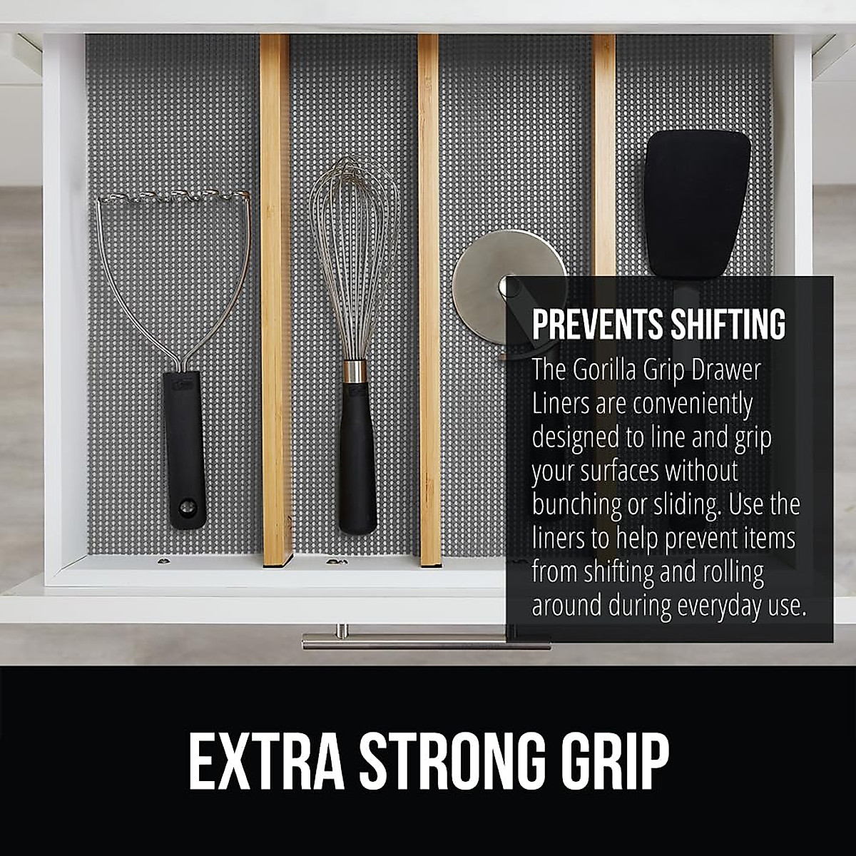 Gorilla Grip Drawer Shelf and Cabinet Liner, Thick Strong Grip, Non-Adhesive Liners Protect Kitchen Cabinets and Cupboard, Bathroom Drawers, Easy Install, Breathable Mat, 12" x20', Gray