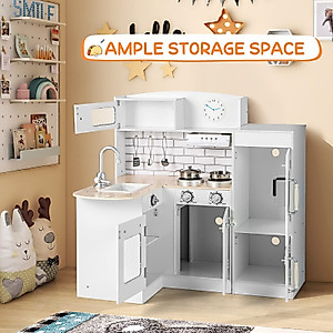 Costzon Kids Corner Kitchen Playset, 8-in-1 Wooden Play Kitchen Toy Set w/Realistic Microwave, Oven, Stove, Refrigerator, Water Dispenser, Range Hood, Utensils, Sink, Pretend Cooking Set for Toddlers