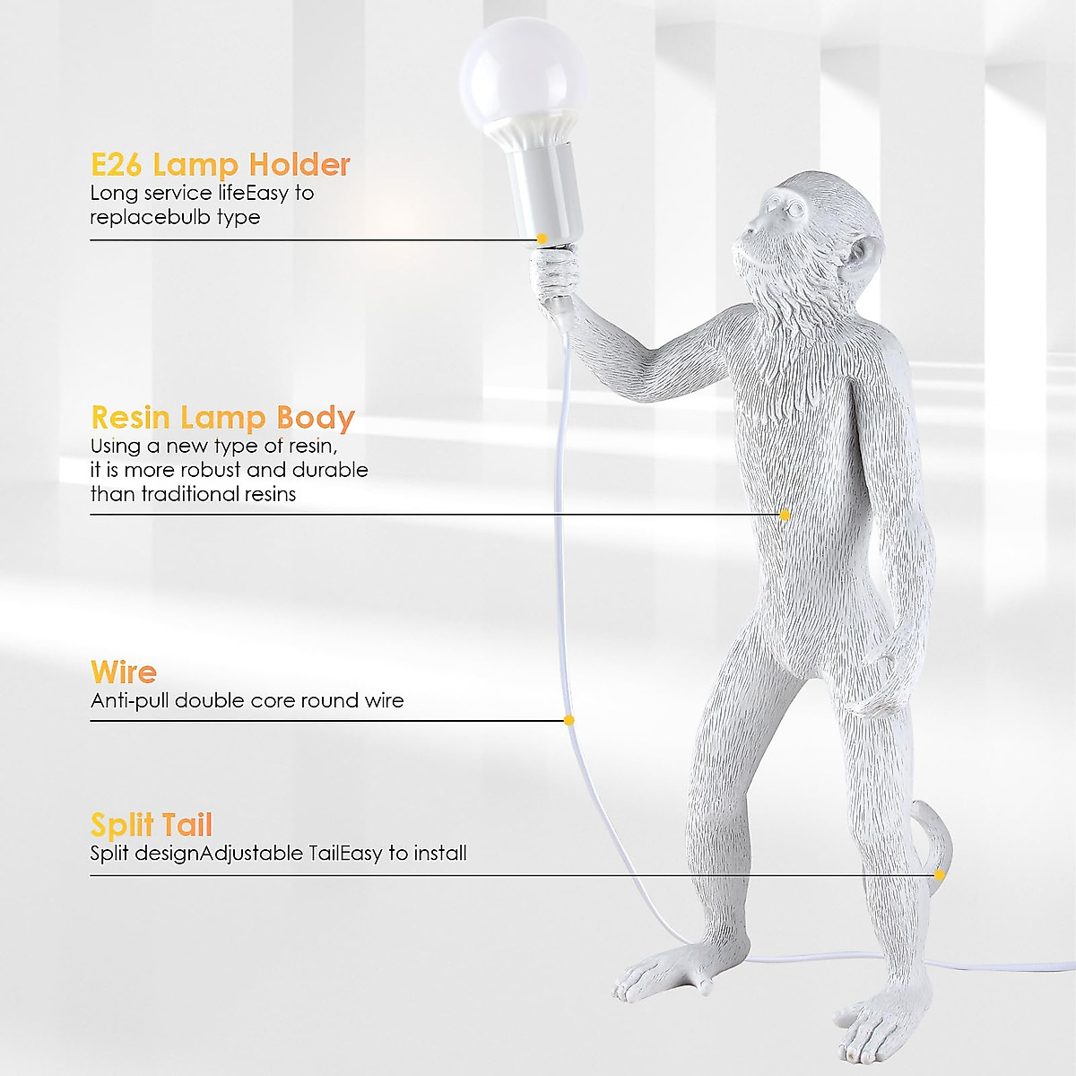 CHABEI Modern Resin Standing Monkey Table Lamp,Desk Lamp,Animal Lamp,Bedside LED Light for Home Decor,Living Room, Bedroom, Home Office, Kids Room(White-Standing)