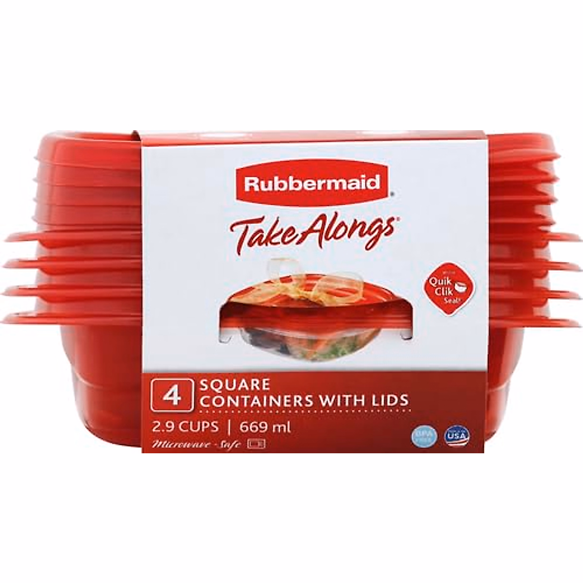Rubbermaid TakeAlongs 2.9-Cup Square Food Storage Containers, 4-Pack, Chili Red