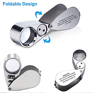 40X Metal Illuminated Jewelers Loop Magnifier Glass, Loupe Magnifier with Light and Pocket Folding, Handheld Jewelers Eye Loop for Jewelry Identifying, Currency Detecting, Rock Collecting, Stamps