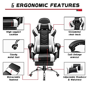 Homall Gaming Chair Computer Chair Racing Style Gaming Chair with Footrest Ergonomic Adjustable Swivel Office Chair High Back Computer Chair with Headrest and Lumbar Support (White)