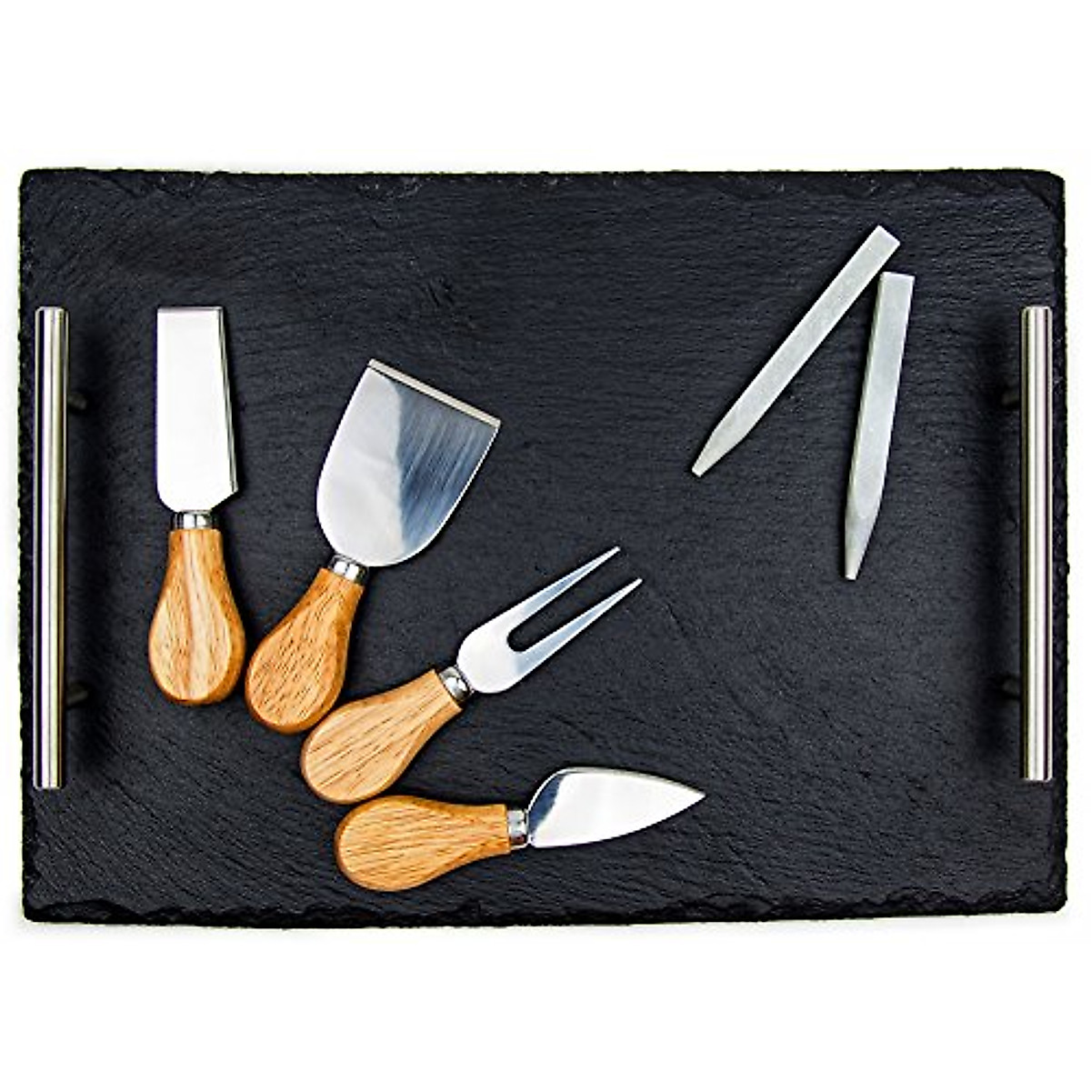Slate Cheese Board Set - Deluxe Cheese Serving Tray with Stainless Steel Handles - Includes 4 Cheese Knives and 2 Soapstone Chalks - Great for Home & Restaurant Cheese Tapas & Appetizers Serving