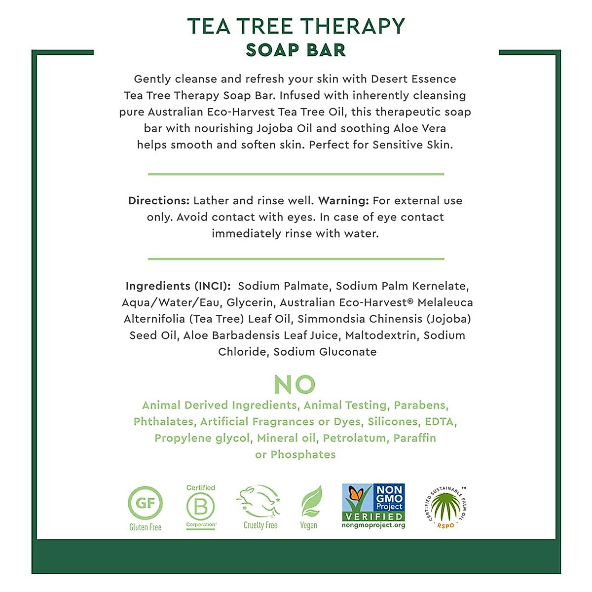 Desert Essence Tea Tree Therapy Cleansing Soap Bar - Plant-Based with Sustainable Palm Oil, Eco-Harvest® Tea Tree, Jojoba Oil, Aloe – Safe for Sensitive Skin, Face & Body, Vegan, Cruelty-Free