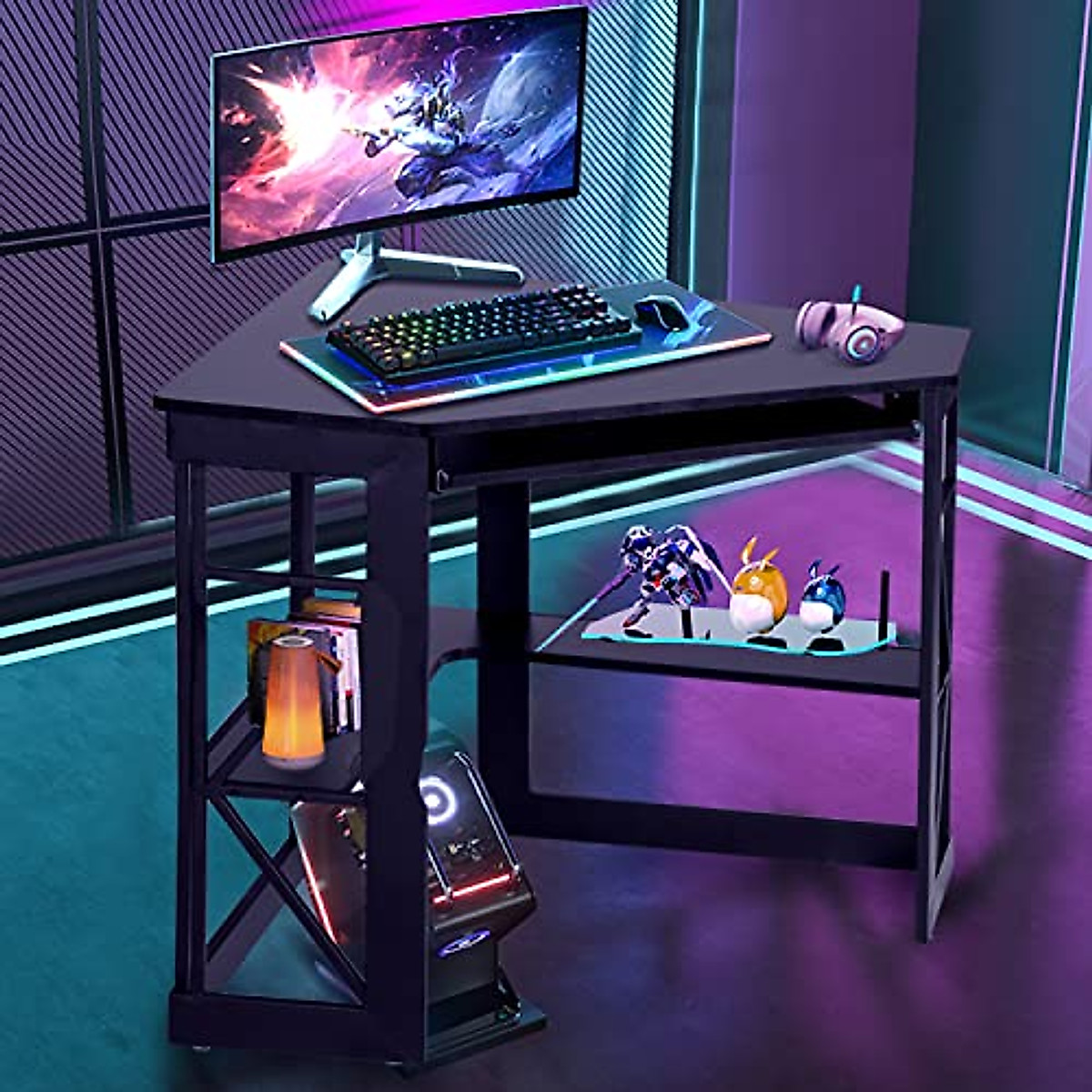 VECELO Corner Computer Desk 41 x 30 inches with Smooth Keyboard & Storage Shelves for Home Office Workstation, Black