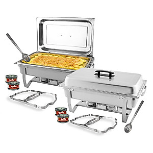 TigerChef Chafing Dish Buffet Set - Chaffing Dishes Stainless Steel - 2 Sets of Chafers and Buffet Warmer Sets: 4 Chafing Gels, 2 Slotted Spoons and Foldable Frame - Food Warmers for Parties Buffets