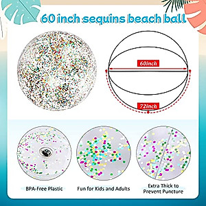 Leitee Giant Sequins Beach Ball 5 FT Huge Confetti Glitters Inflatable Clear Beach Ball Oversized Blow up Plastic Inflatable Balls for Summer Swimming Pool Party Favors and Massive Water Games (5 Ft)