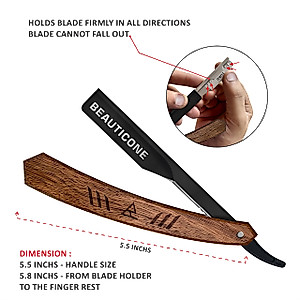 BEAUTICONE Straight Razor | Professional Barber Rose Wooden Razor with Black blade holder for men with 100 Single Edge Blades │slide-out design