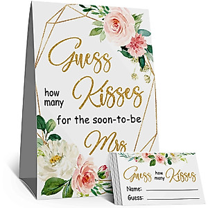How Many Kisses Bridal Showers Game, watercolor Pink Flowers ,Guess How Many Kisses for The Soon To Be Mrs, Bridal Tribe Party, Golden Wedding Engagement Decoration(1 Sign+50 Cards)