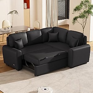3 in 1 Convertible Sectional Sofa with Pull Out Bed , 87.4" L Shaped Corner Couch with USB Charging Ports & Plug Outlet , Breathable Linen Fabric Conversion Sofabed for Living Room Office Furniture