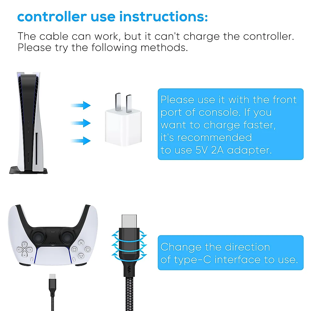 MENEEA 2 Pack 10FT Charger Charging Cable for PS5 Controller and Horizontal Stand for PS5 Console with 4-Port USB Hub
