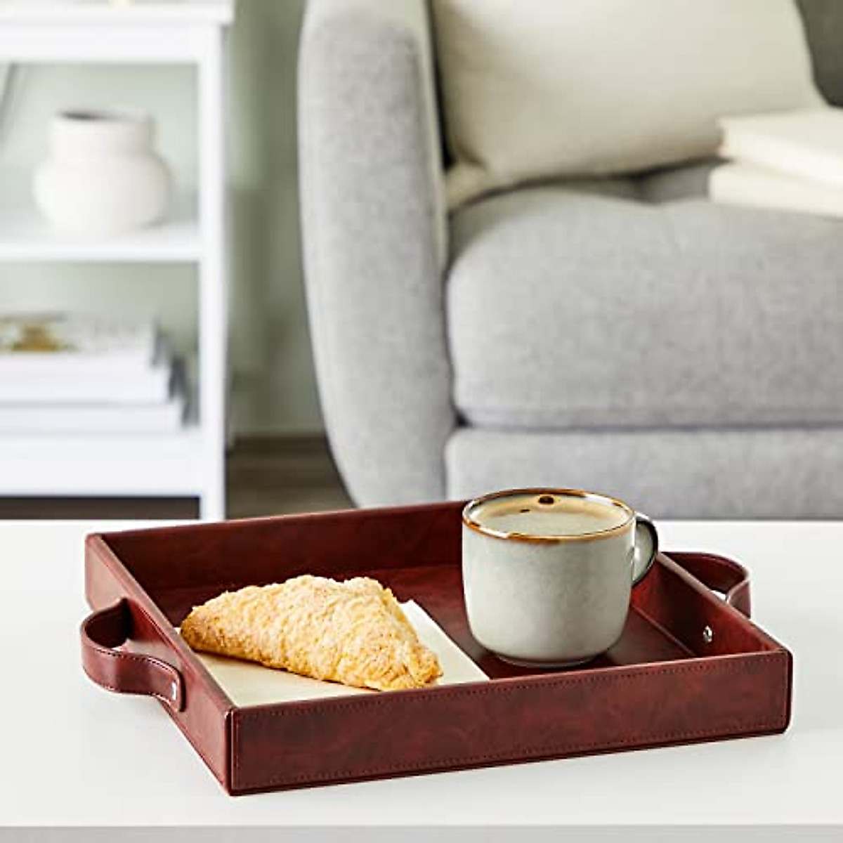 Set of 2 Square Leather Serving Trays, 12x12 Valet for with Handles for Ottoman, Coffee Table (Dark Brown)