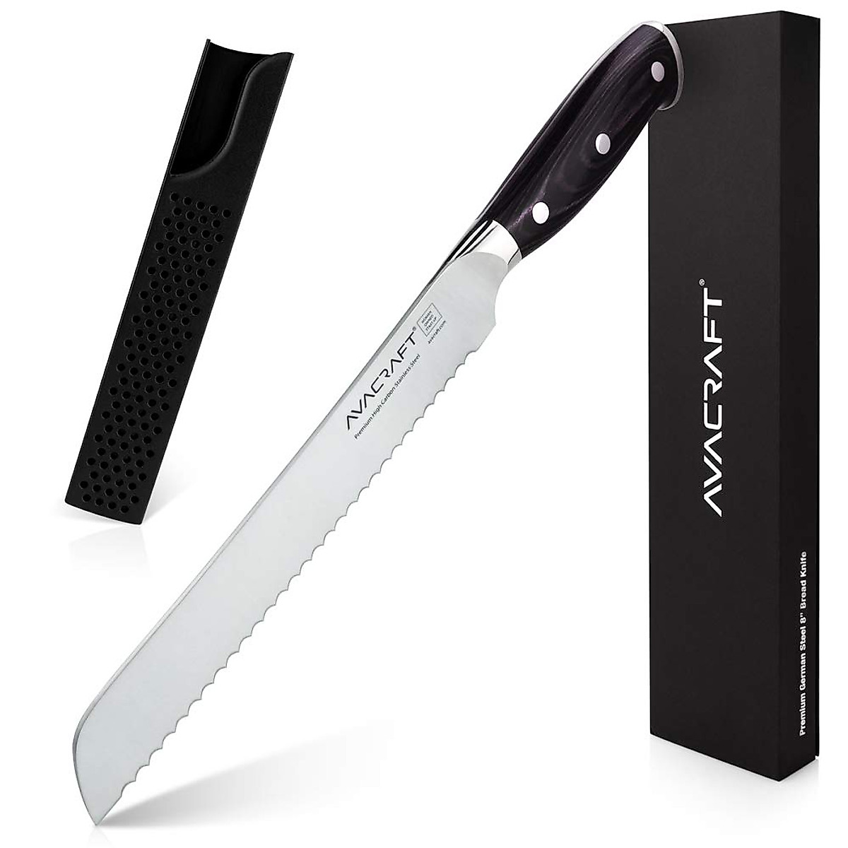 AVACRAFT Bread Knife, High Carbon German 1.4116 Stainless Steel Serrated Knife, Cake Knife, Cake Slicer, Ergonomic Wood Handle, Razor Sharp, 8 inch with Custom Storage Cover