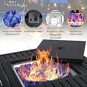 PHI VILLA 4 Piece Outdoor Swivel Rocker Chairs Set with Propane Fire Pit Table Rattan Patio Furniture Conversation Set Support 350lbs with 2 Rocking & Swivel Chairs, 1 Coffee Table & 1 Fire Pit Table