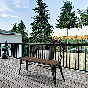 Yaheetech Industrial Metal Bench Mid-Century 3 Person Chair Dining Room Long Farmhouse Bench with Wood Seat,Removable Backrest,Black