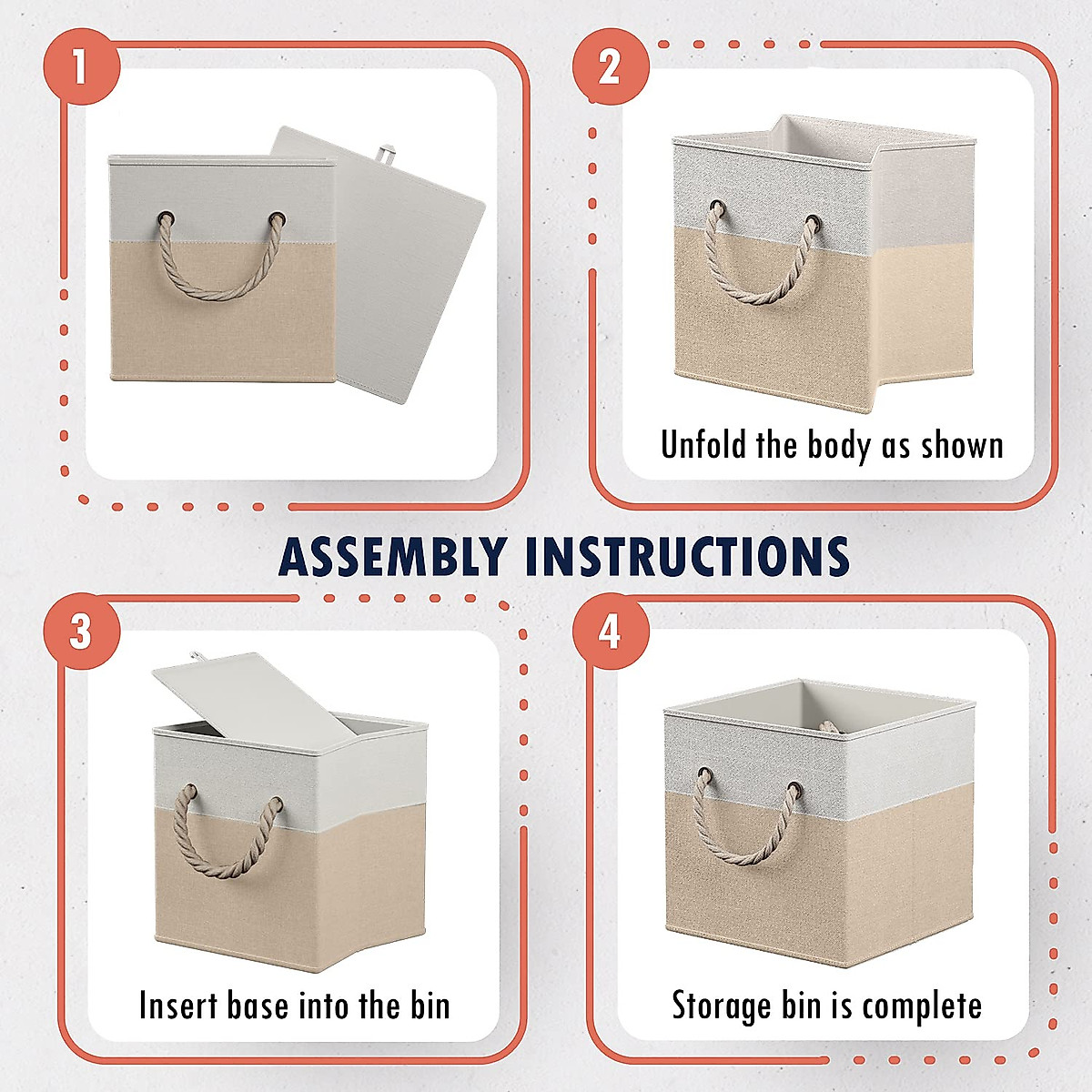 Ornavo Home Foldable Collapsible Storage Box Bins Linen Fabric Shelf Basket Cube Organizer with Rope Handles - Set of 6 - 13 x 13 x 13 - White/ Khaki