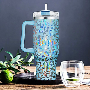 omezin 40 oz Tumbler with Handle Holographic Glitter Leopard 40oz Tumbler with Lid Straw Double Insulated Travel Coffee Mug