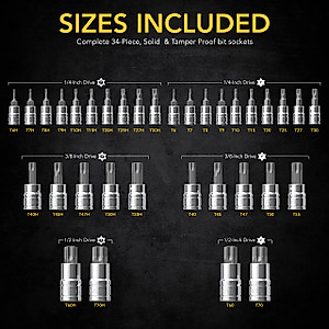 LEXIVON Master TORX Bit Socket Set, Premium S2 Alloy Steel | Complete 34-Piece, Solid Star & Tamper Proof T6 ~ T70 | Enhanced Storage Case (LX-149)