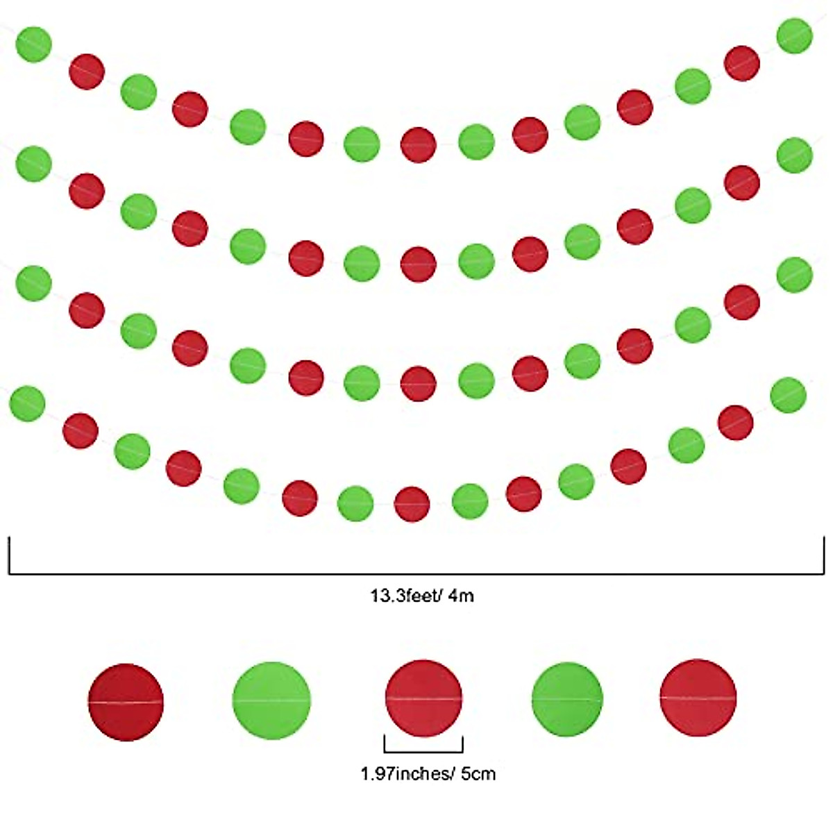 Red Green Christmas Streamers Decorations, UNIIDECO Xmas Tree Ornaments Accessories, Circle Dots Paper Garland, Fiesta Birthday Loteria Party Banner Streamer Background Supplies, Chriatmas Decor