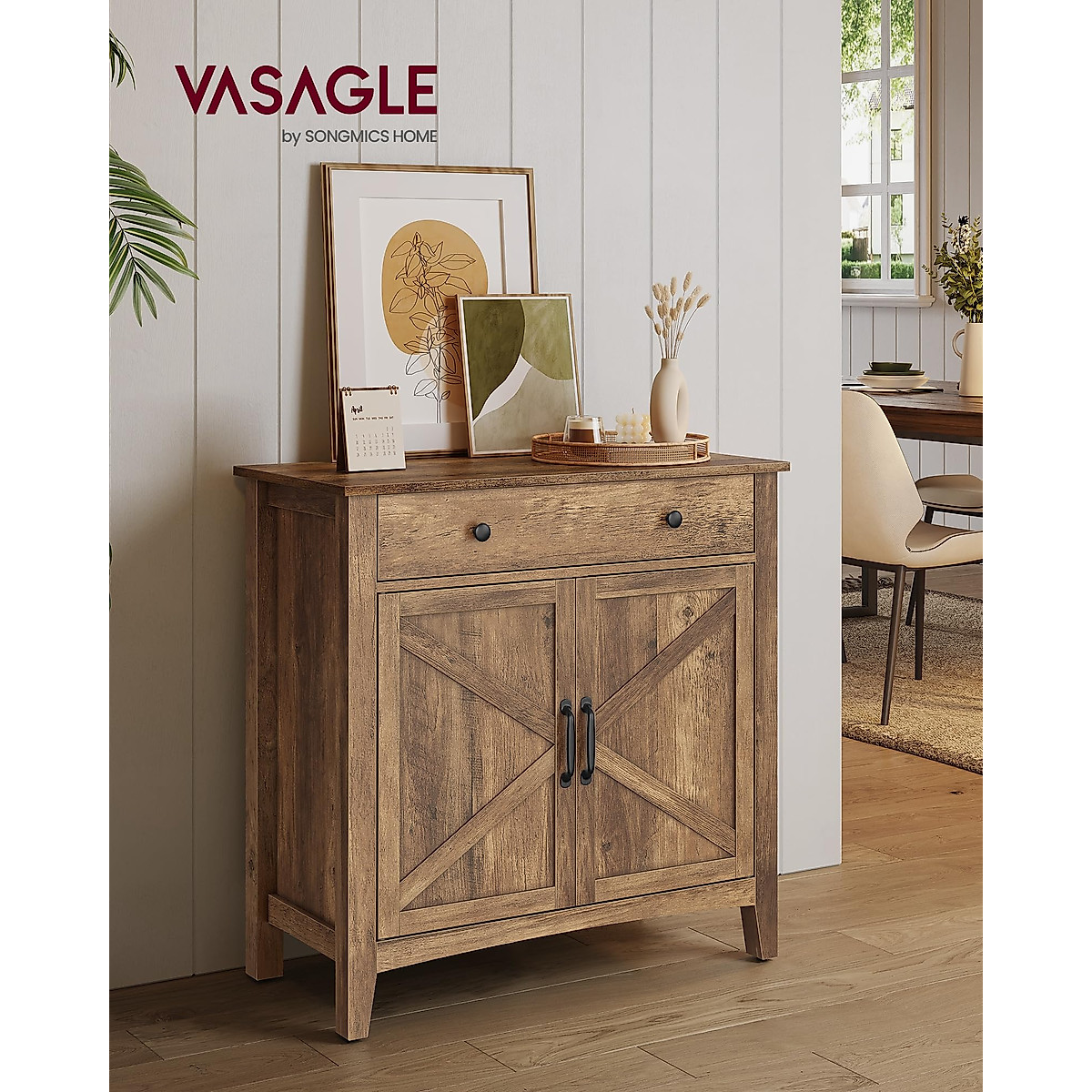 VASAGLE Coffee Bar Cabinet, Kitchen Storage Cabinet with Drawer, Farmhouse Cabinet Sideboard with Adjustable Shelf for Kitchen, Honey Brown UBBK341K01