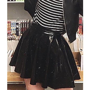 SEMATOMALA Women&#039;s PVC PU Leather Short Skater Skirt Black Latex Wet Look Shiny Pleated Flared A Line Mini Skirt Clubwear(BL,XL)