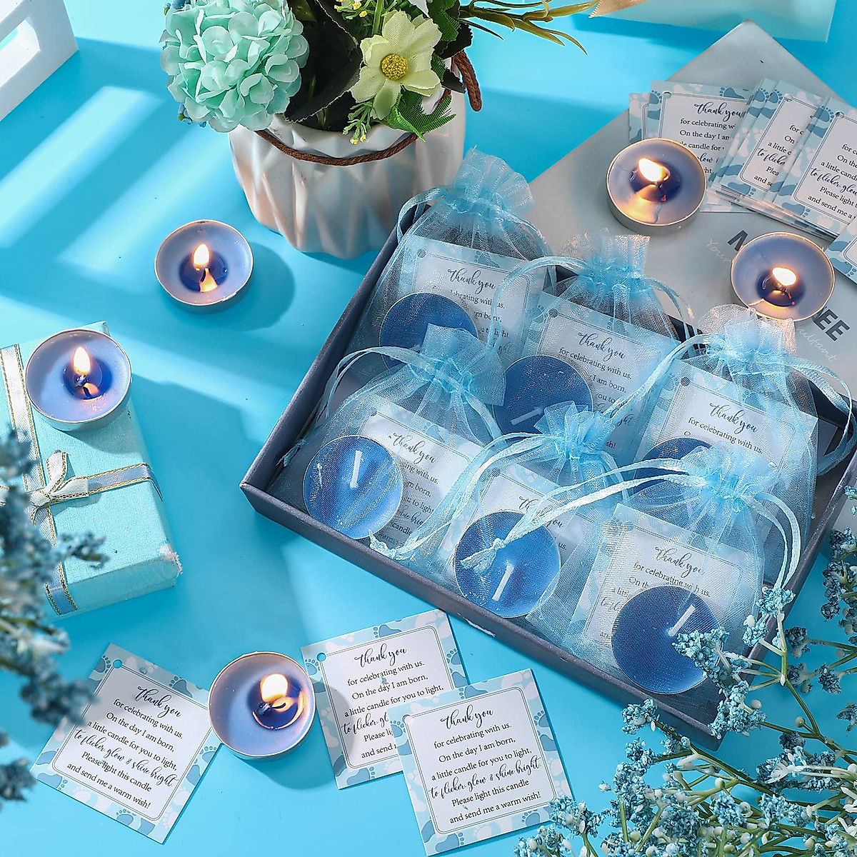 50 Sets Baby Shower Party Favors Including 50 Pcs Unscented Tealight Baby Shower Candles 50 Pcs Gift Bags 50 Pcs Baby Shower Cards for Baby Shower Gender Reveal Party Supplies (Blue)