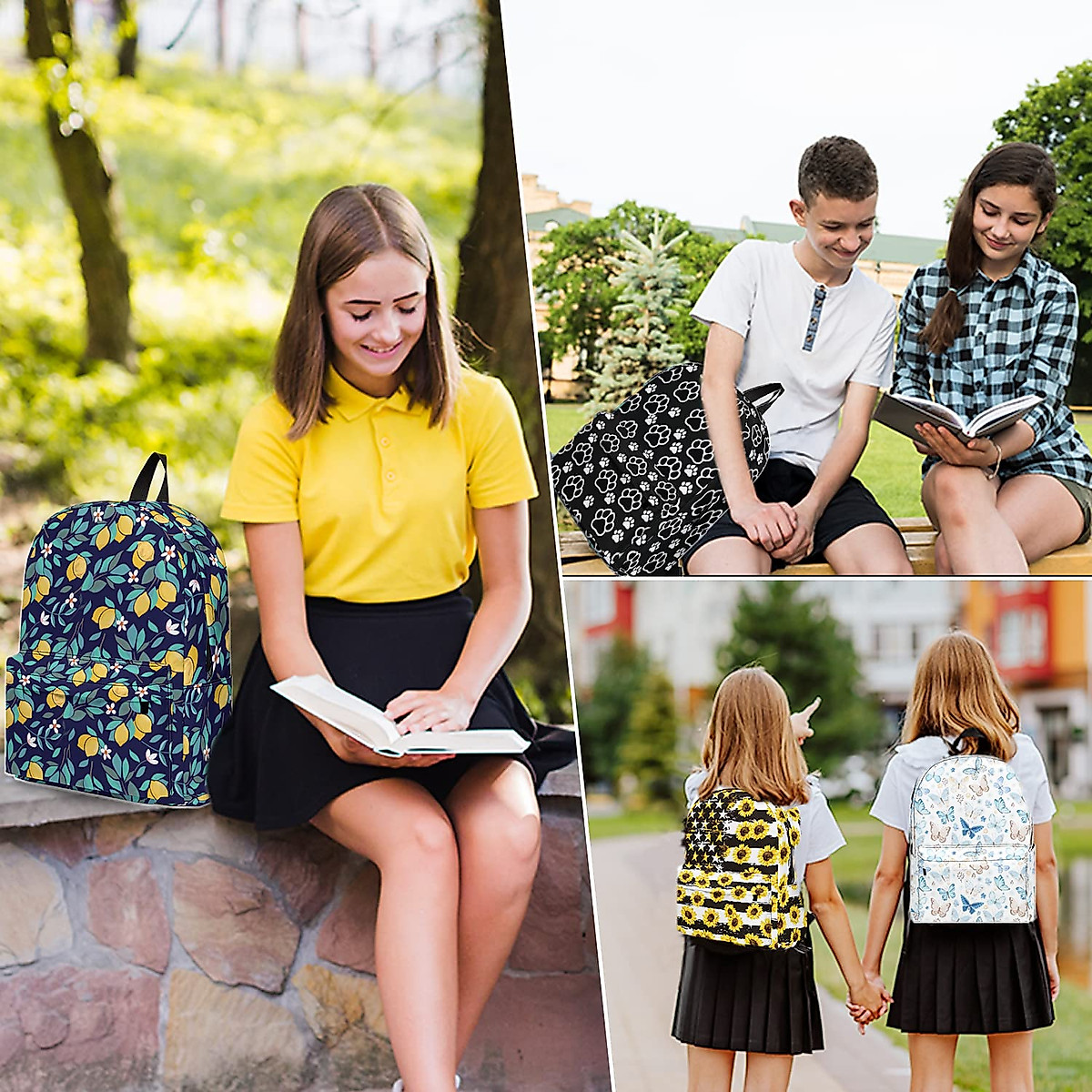 Classic Lemon School Backpack for Teens Girls Students, 17 Inch Lightweight Middle School Bookbags, Casual Daypack with 15 Inch Laptop Compartment for College, Office or Travel, Black