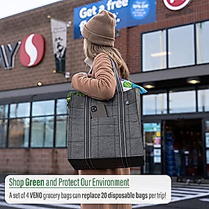 VENO 4 Pack Reusable Grocery Shopping Bag w/Hard Bottom, Foldable, Multi-Purpose Heavy-Duty Tote, Daily Utility Bag, Stands Upright, Sustainable (Set of 4 - Windowpane)