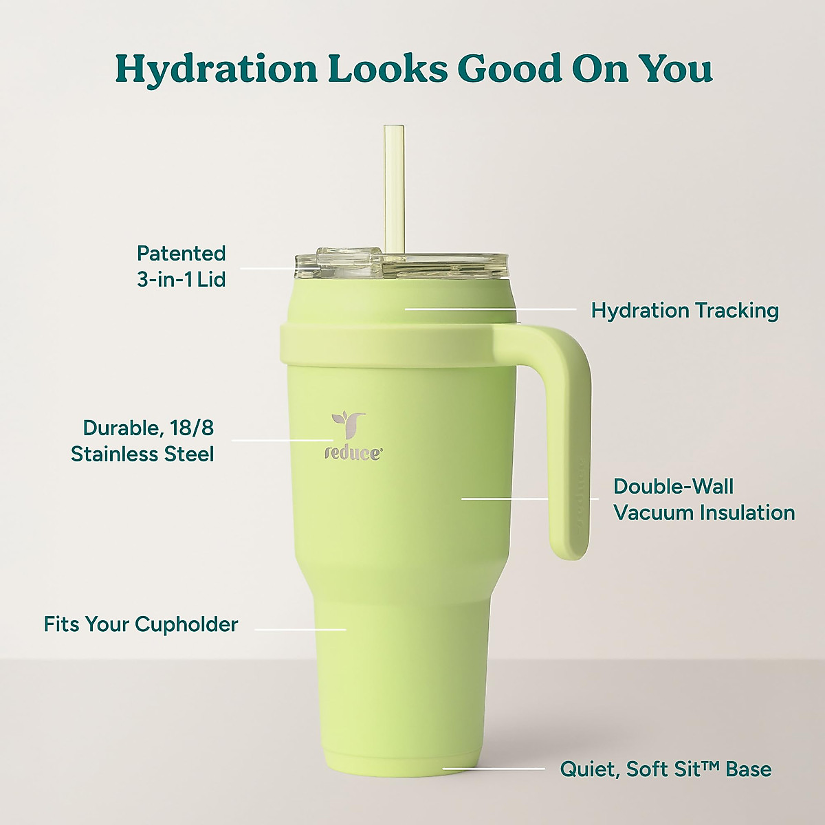 REDUCE 40 oz Stainless Steel Tumbler with Handle - Dual-Wall Vacuum Insulated Travel Mug, Sweat-Proof Lid & Reusable Straw - Keeps Drinks Cold for 24 Hrs, Fits Cupholders, Dishwasher Safe - Mojito