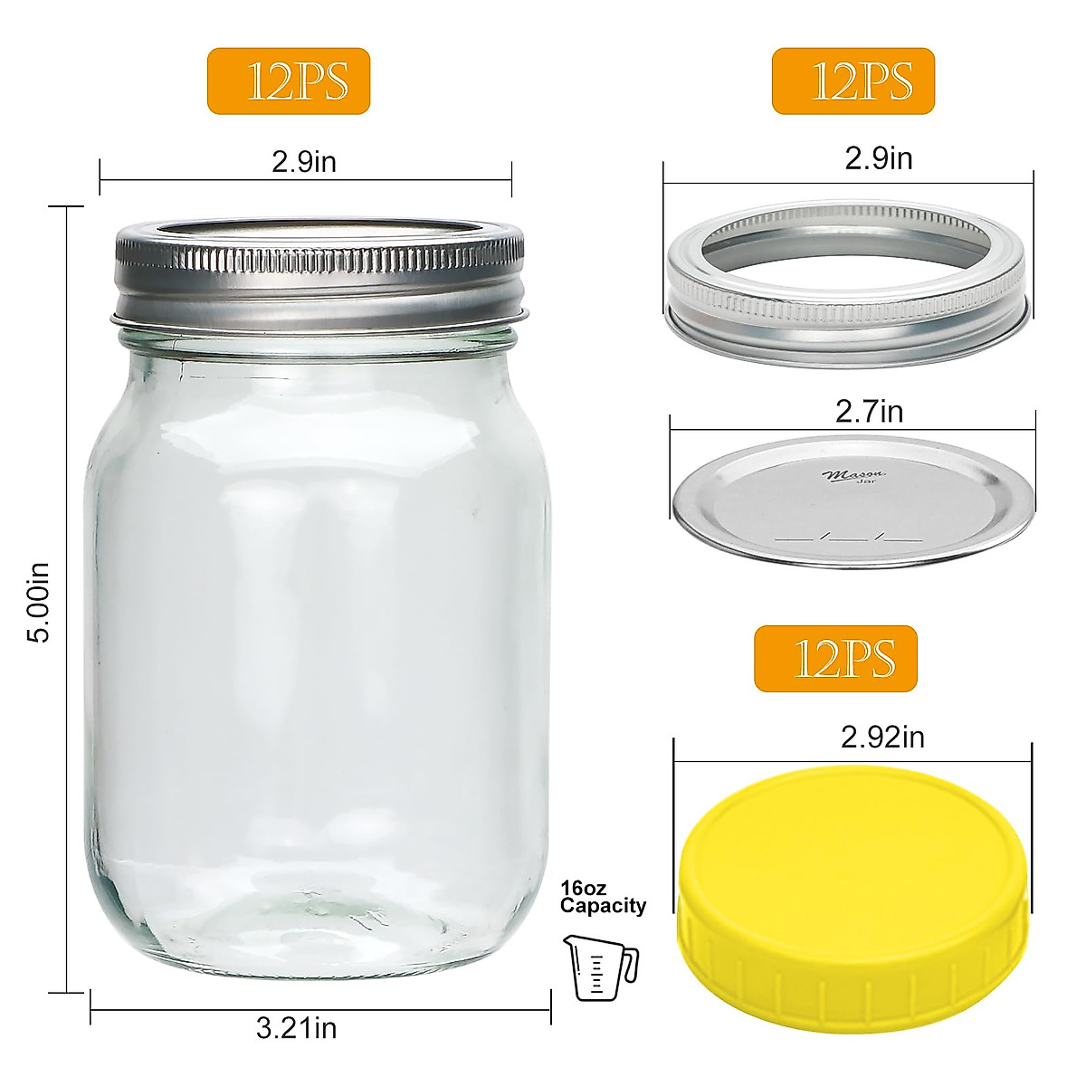 Accguan Mason Jars 16 oz with Lids,Glass Jar with Regular Lids and Bands Ideal for Jam,Honey,Shower/Wedding Favors, Clear, 12 Pack,Two Types of Lids