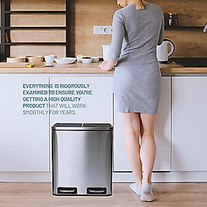 AWENN - Dual Kitchen Garbage Trash Can with Lid and Pedal - Touchless Round Shape Waste Bin - Stainless Steel Dustbin for Kitchen, Bathroom, Office and Outdoors – Black (7.9 Gallon – 30 Liters)